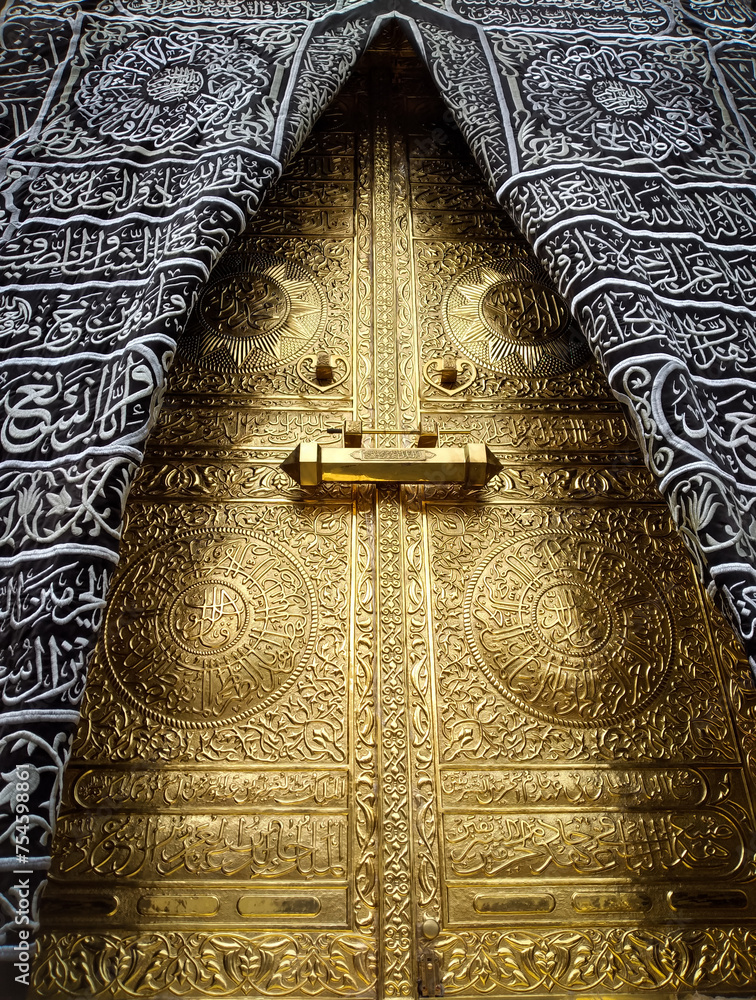 Replica the golden doors of the Holy Kaaba closeup, covered with Kiswah ...