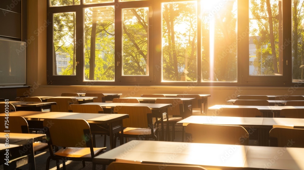 Photo of an empty high school classroom with sunlight streaming through ...