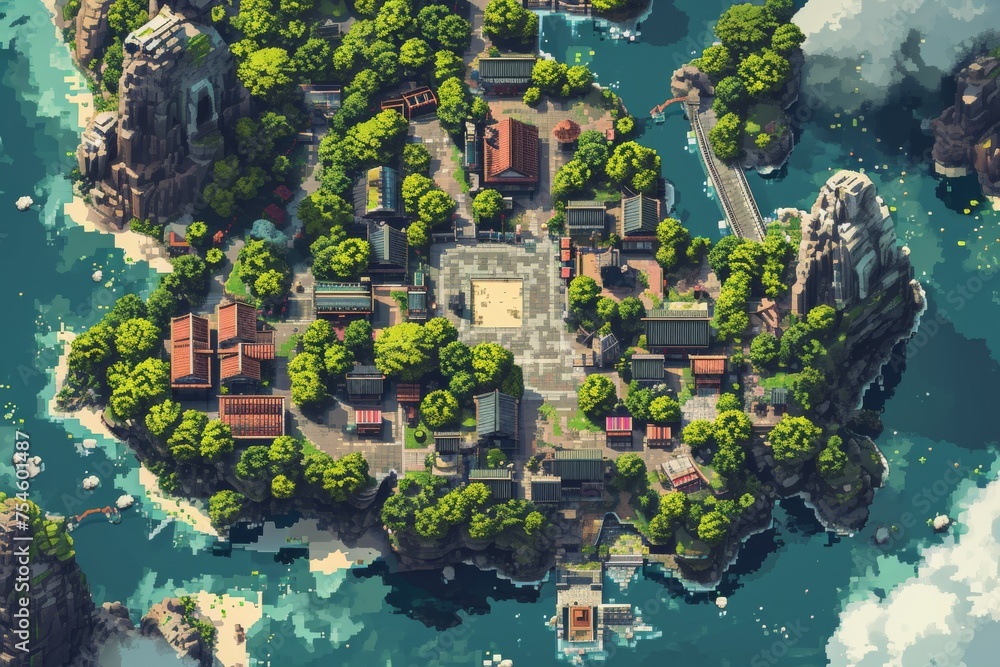 Pixelated village for game map. pixel map in the game. pixelated ...