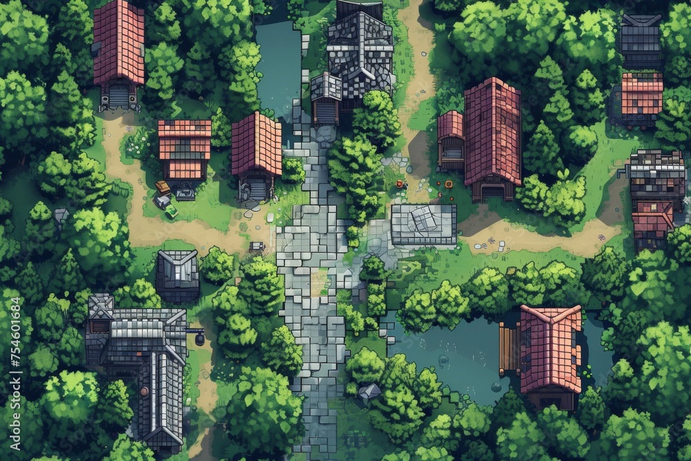 Pixelated village for game map. pixel map in the game. pixelated ...