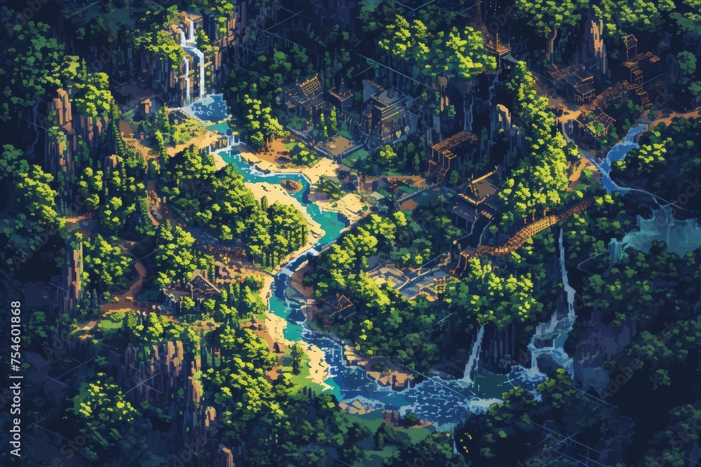 Pixelated village for game map. pixel map in the game. pixelated ...