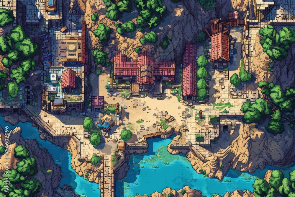 Pixelated village for game map. pixel map in the game. pixelated ...