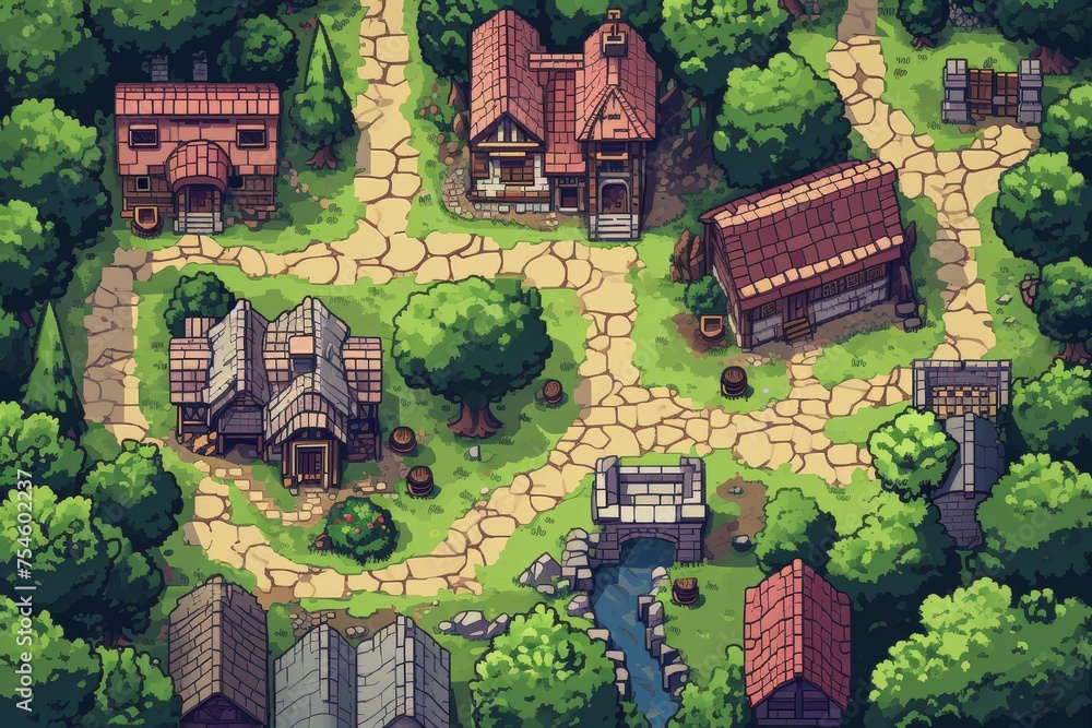 Pixelated village for game map. pixel map in the game. pixelated ...