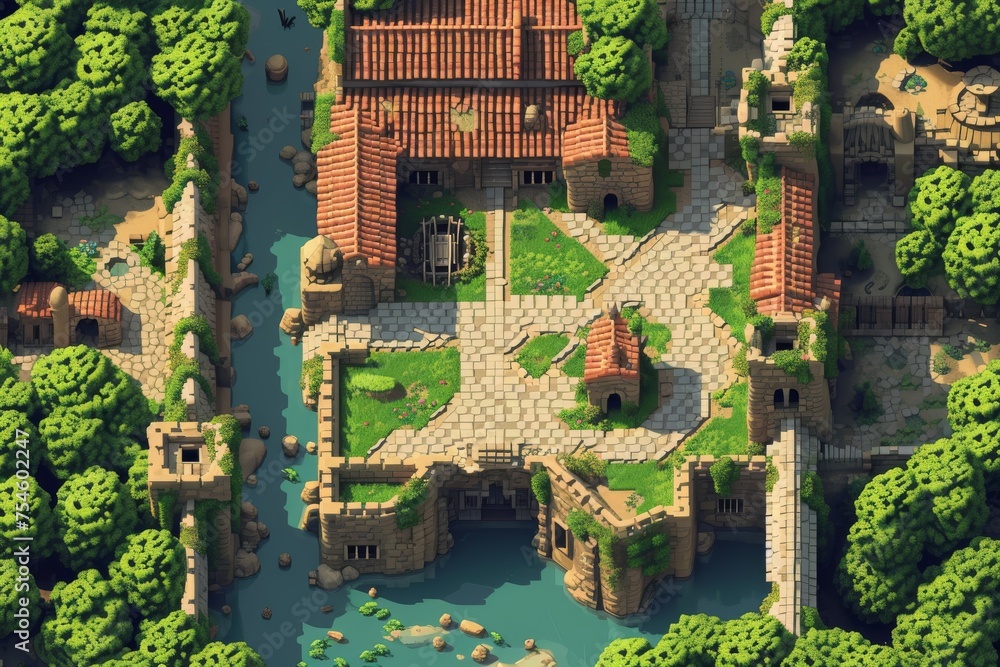 Pixelated village for game map. pixel map in the game. pixelated ...