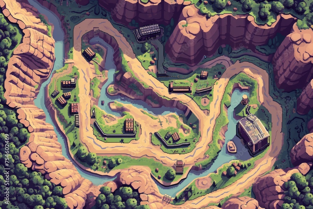 Pixelated village for game map. pixel map in the game. pixelated ...