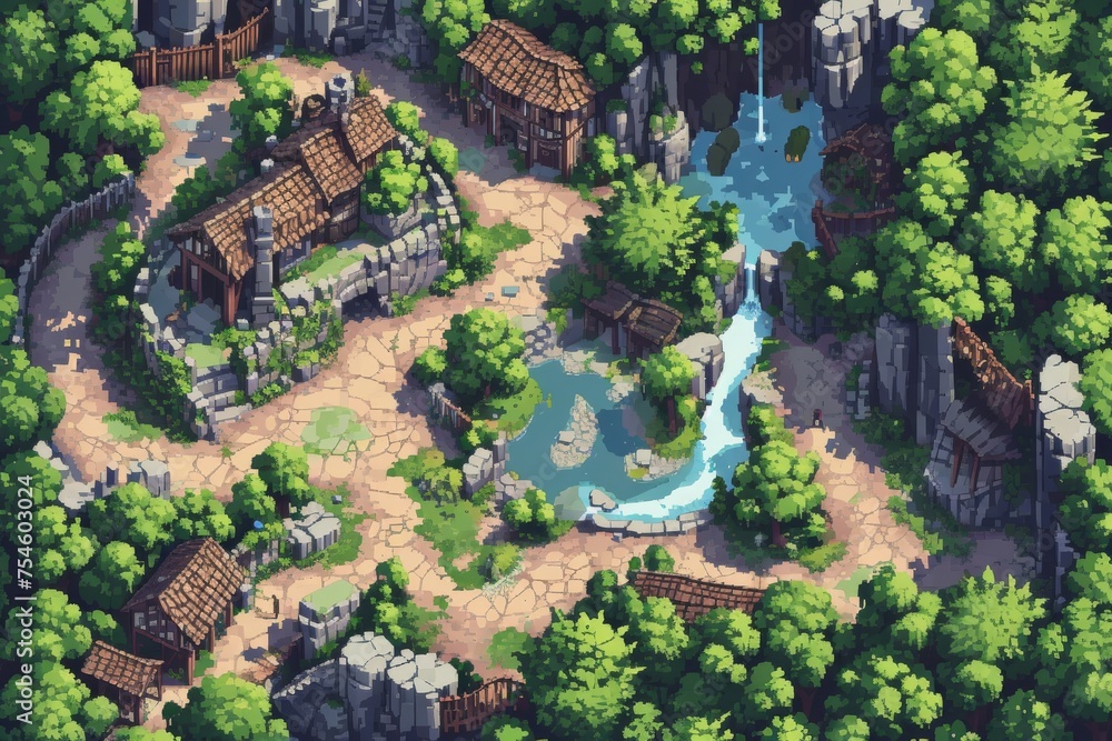 Pixelated village for game map. pixel map in the game. pixelated ...