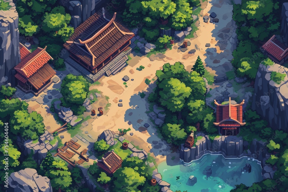 Pixelated village for game map. pixel map in the game. pixelated ...