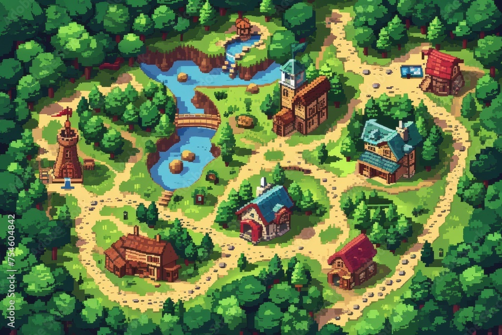 Pixelated village for game map. pixel map in the game. pixelated ...