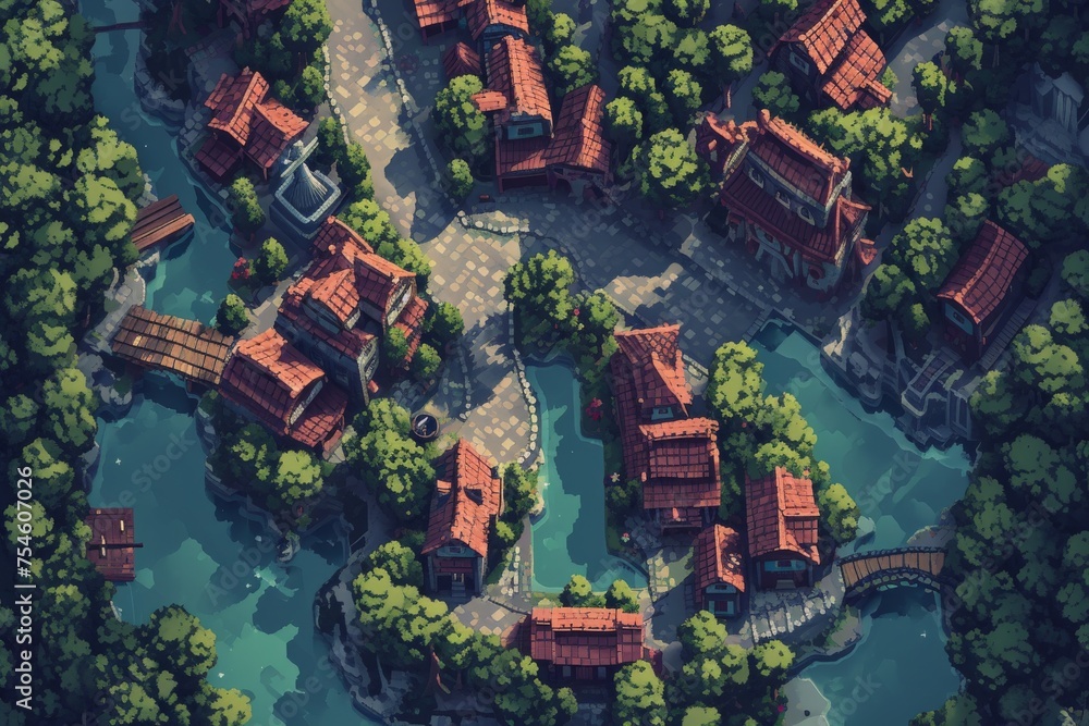 Pixelated village for game map. pixel map in the game. pixelated ...