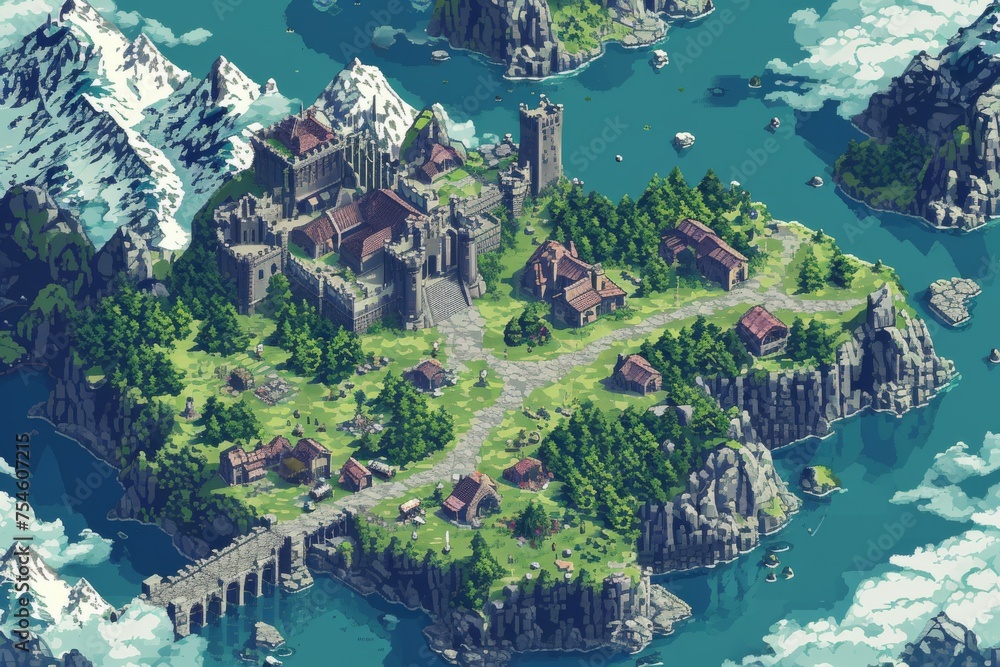 Pixelated village for game map. pixel map in the game. pixelated ...