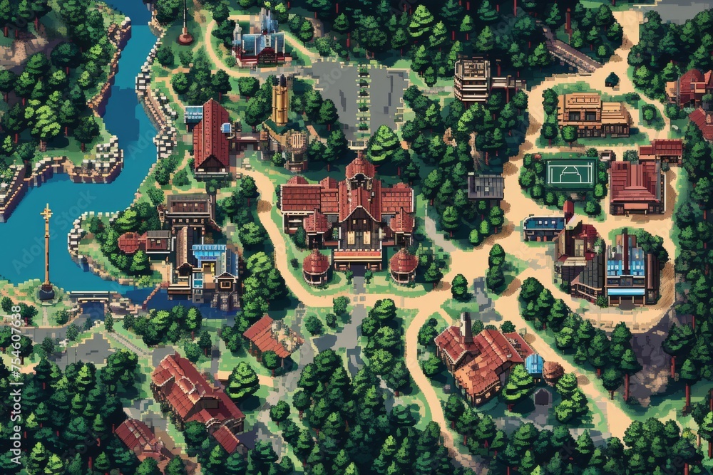 Pixelated village for game map. pixel map in the game. pixelated ...