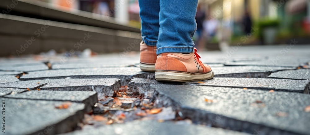 A woman wearing jeans and sneakers is standing on a sidewalk with her ...