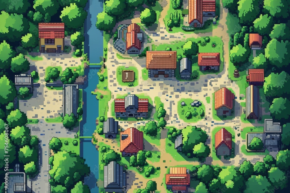 Pixelated village for game map. pixel map in the game. pixelated ...
