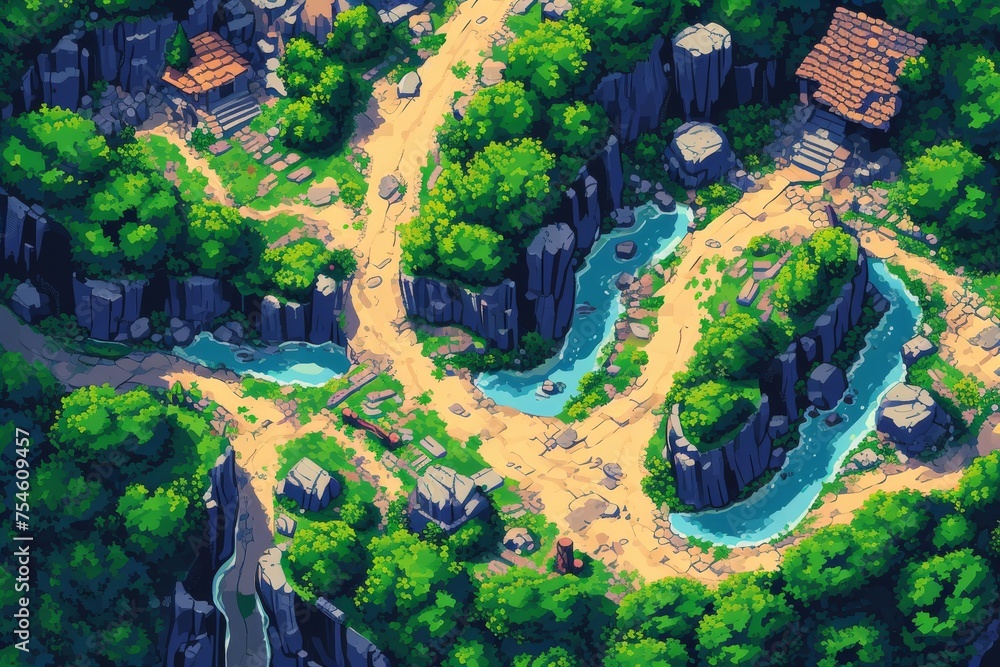 Pixelated village for game map. pixel map in the game. pixelated ...