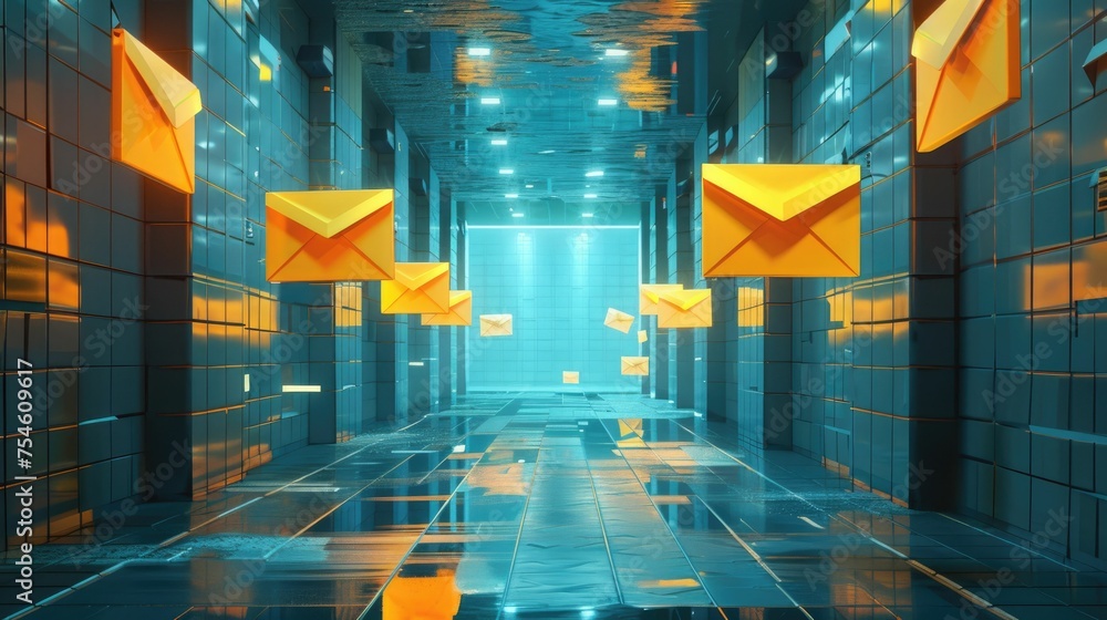 3D rendered concept of secure email exchange with flying envelopes in a ...