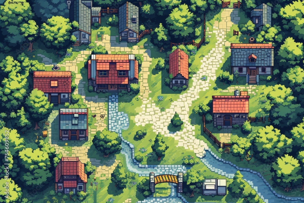 Pixelated village for game map. pixel map in the game. pixelated ...
