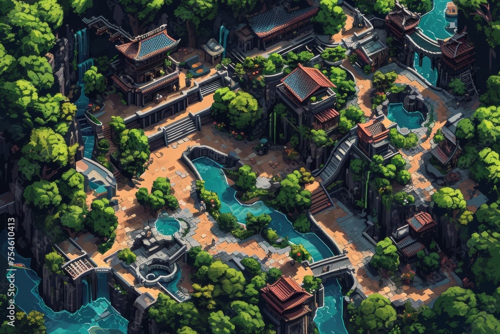 Pixelated village for game map. pixel map in the game. pixelated ...