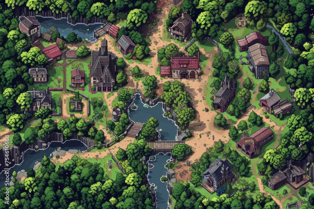 Pixelated village for game map. pixel map in the game. pixelated ...