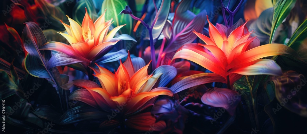 A cluster of vibrant flowers with multiple colors, including red ...