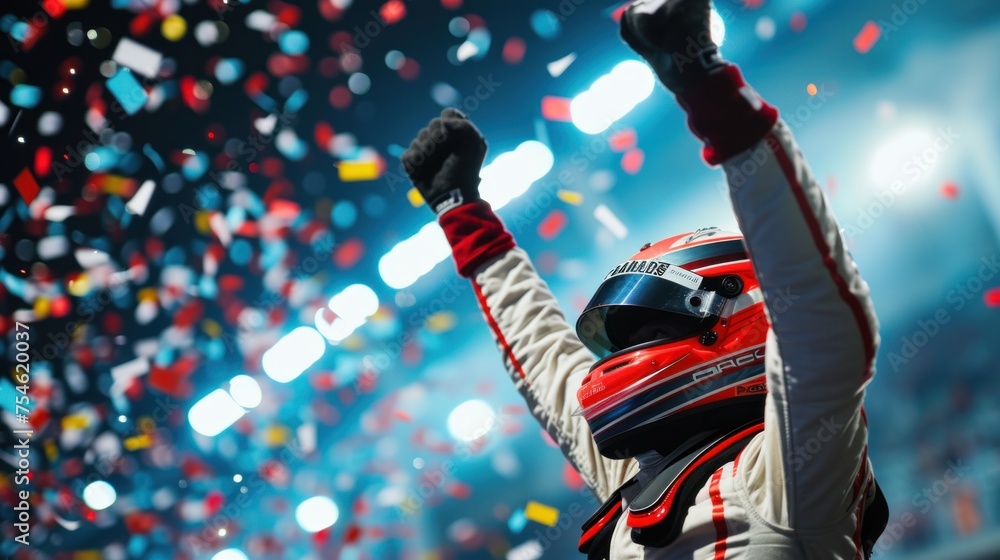 Race car driver celebrating the win in a race, bright stadium light and ...