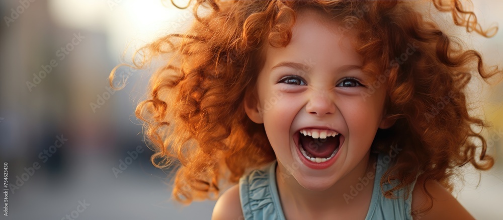 A young girl with vibrant red curly hair is laughing heartily ...