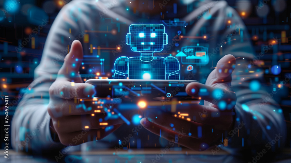 Digital chatbot, chat GPT, robot application, conversation assistant, Man using a mobile ...