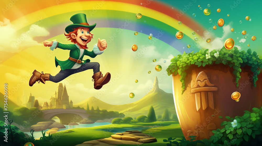 Leprechaun jumping over Rainbow next to Pot of Gold, Irish castle in ...