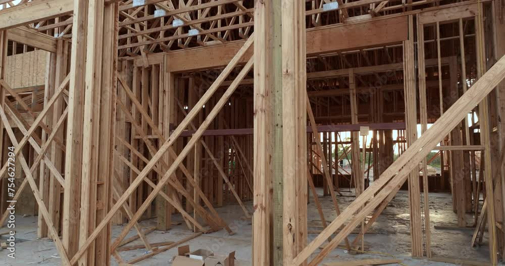 Wooden construction frame of new condo building under development ...