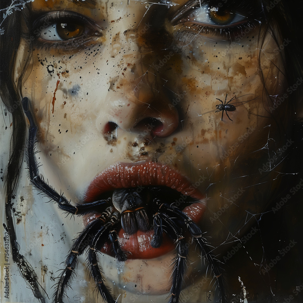 A hyperrealistic portrait of a woman with piercing blue eyes and ...