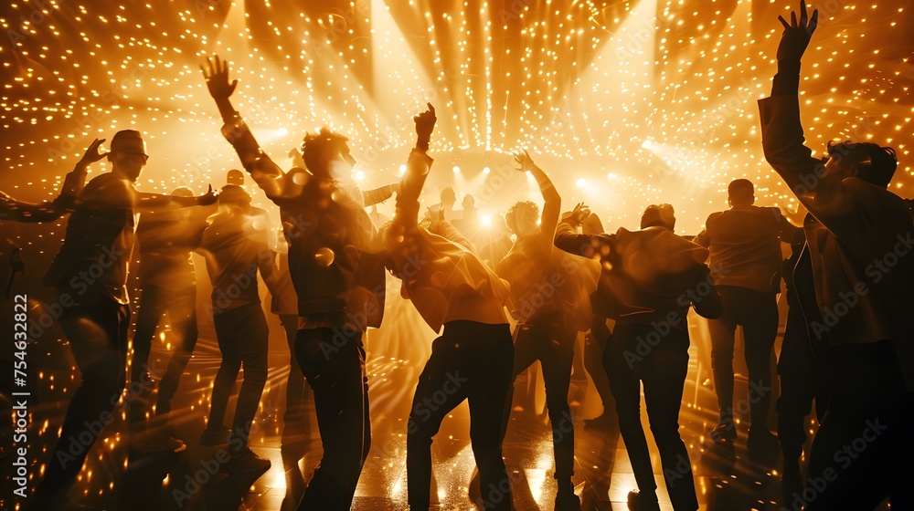 Silhouette of a group of joyous excited men dancing in luxury trendy ...