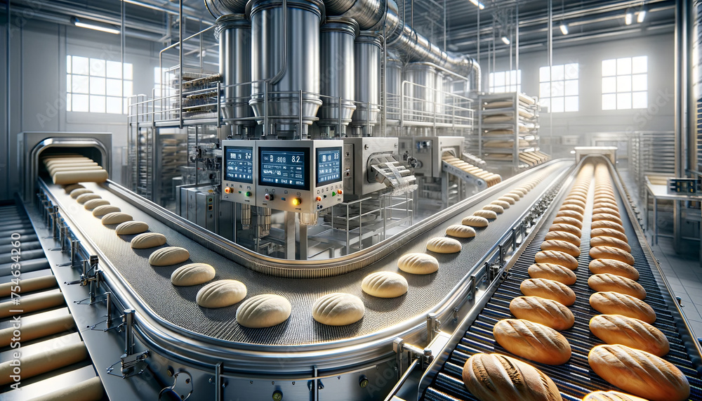 Industrial Bread Production Line in Modern Bakery Facility Stock ...