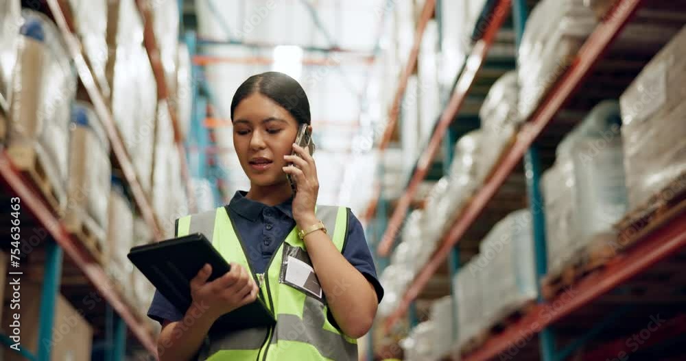 Woman, phone call and tablet in warehouse for logistics, distribution ...