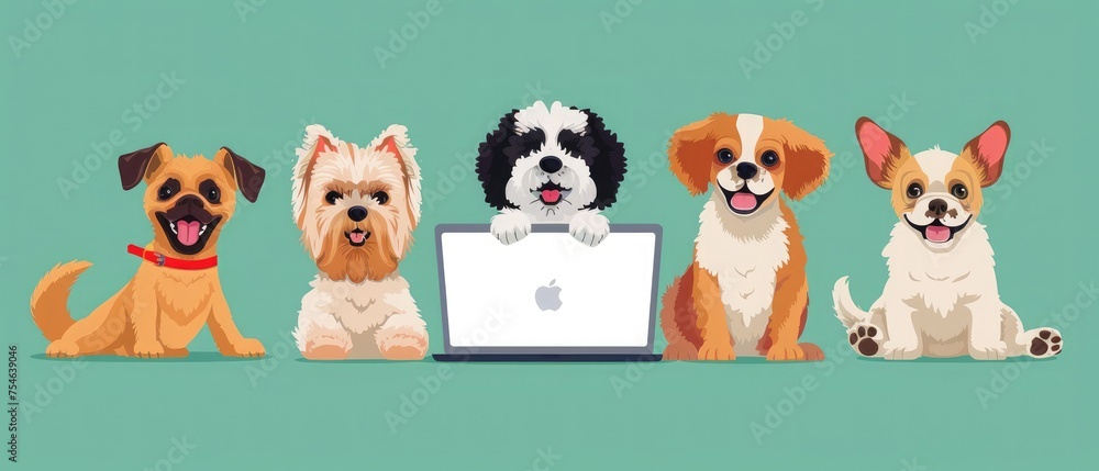 Dog talking to dog friends in video conference. Group of dogs having an ...