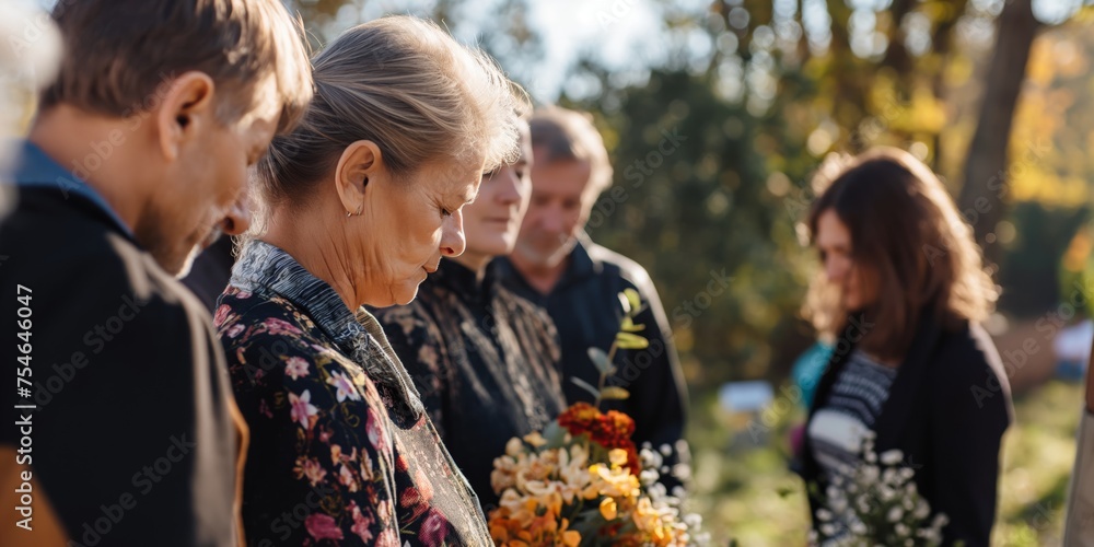 Family members stand together in solemn unity at a sunset graveside ...