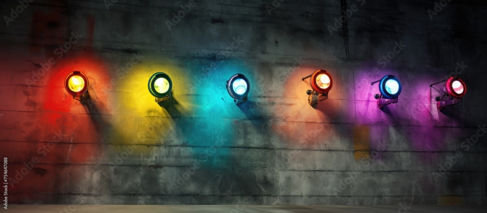 A row of vibrant spotlights illuminating a brick wall, creating a ...