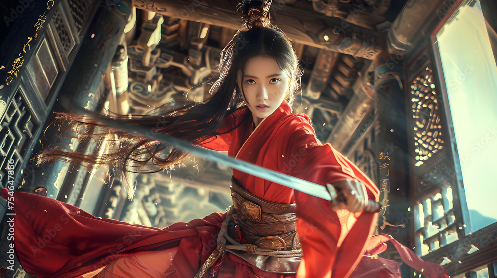 Photo of the beautiful female protagonist in a red Hanfu holding a ...