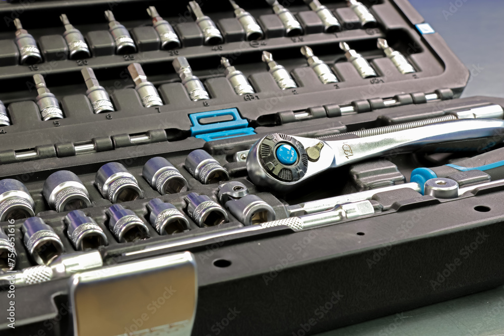 Universal tool box, tool kit closeup with set of hex, torx and ...