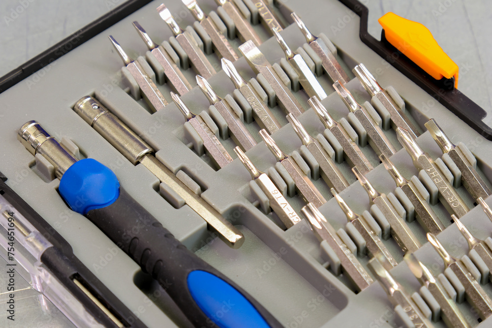 Universal tool box, tool kit closeup with set of hex, torx and ...