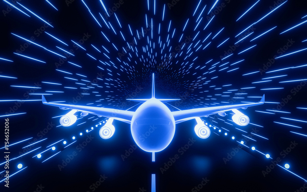 A holographic or glowing passenger plane runs on the runway. The beam ...