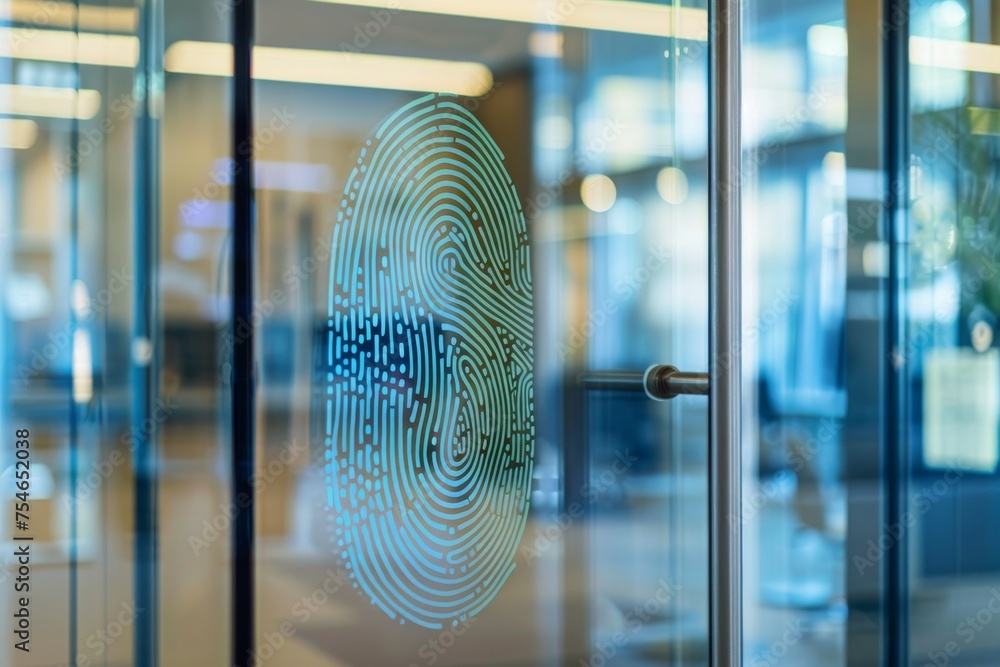 Fingerprint at office glass door entrance for employees, digital ...