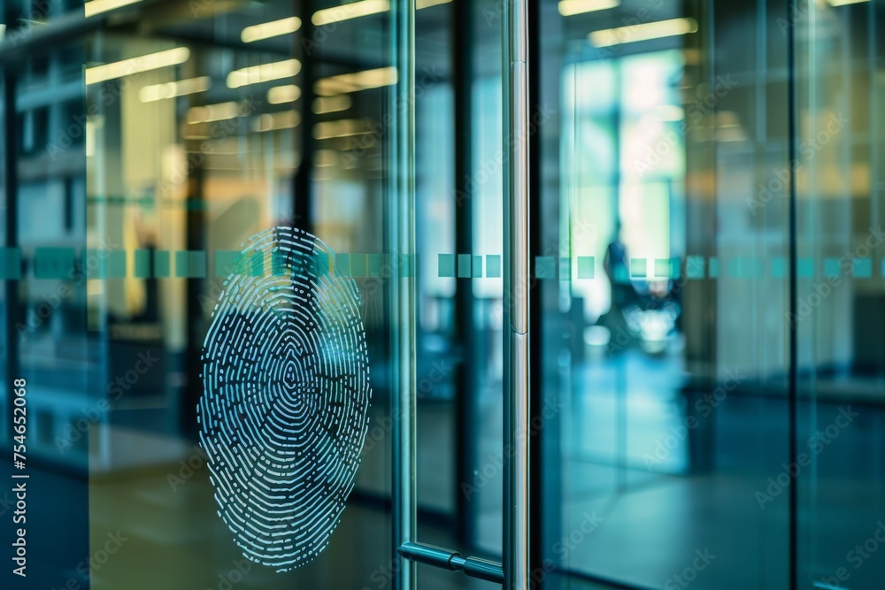 Fingerprint at office glass door entrance for employees, digital ...