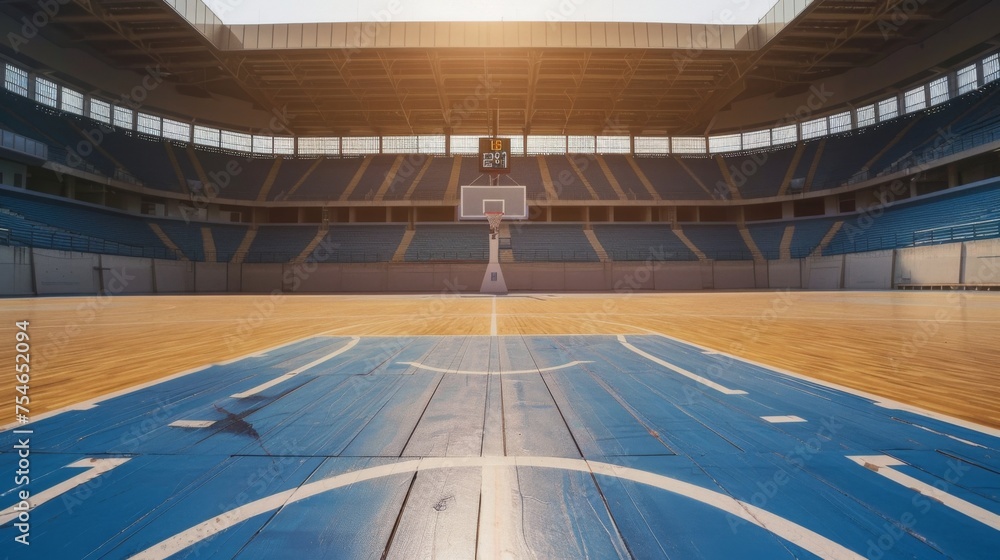 Empty basketball court floor against the backdrop of an empty stadium ...