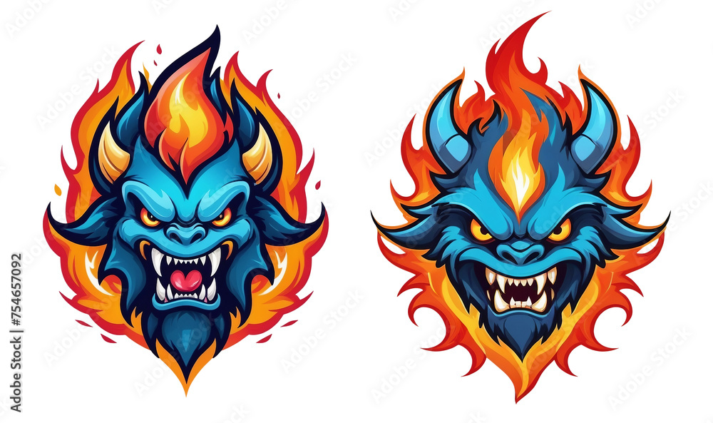 two illustrations of a demon's head on fire, concept art, bulldog ...