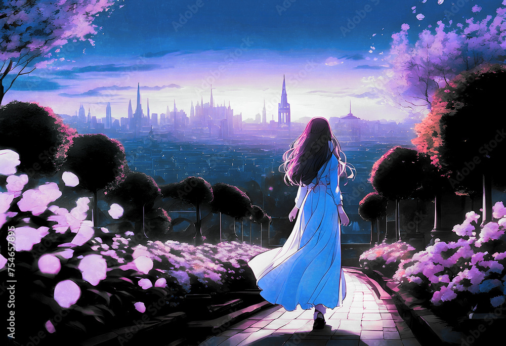 Lady in back view wearing Blue Dress walking in Flower park in Twilight ...