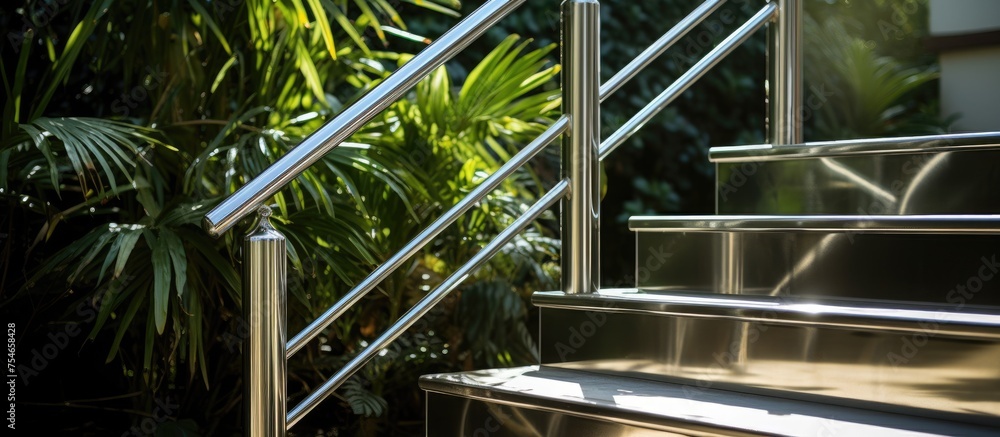The image showcases a close-up view of a chrome steel handrail attached ...