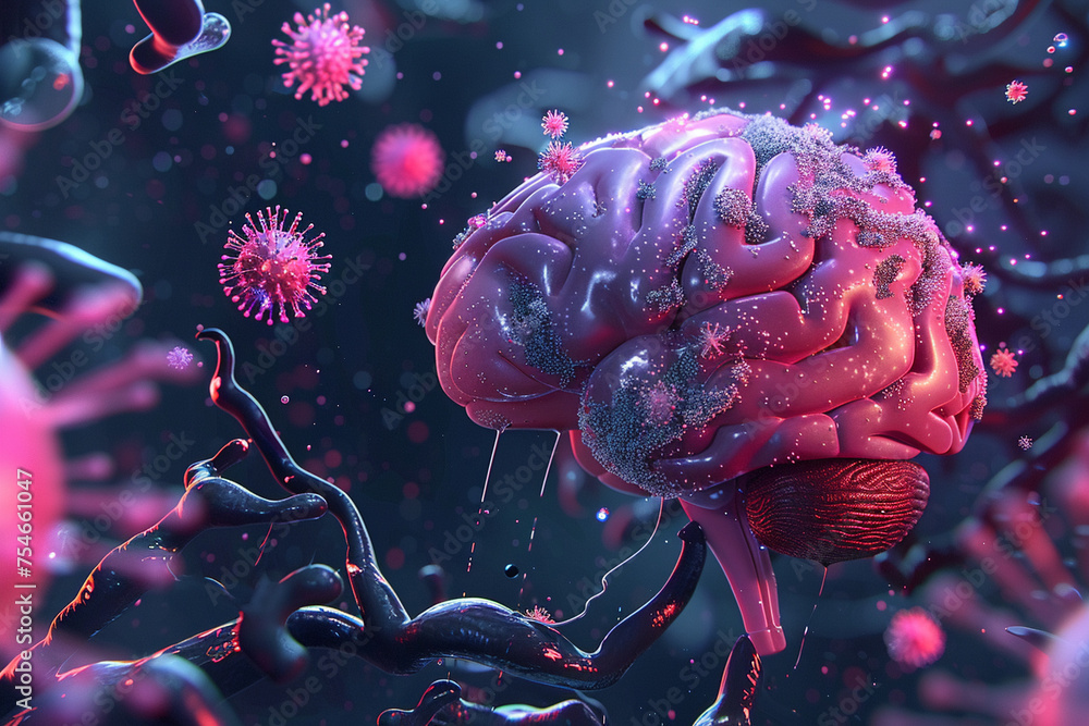 A 3D scene of a cross-section of a brain with black fluid seeping into ...