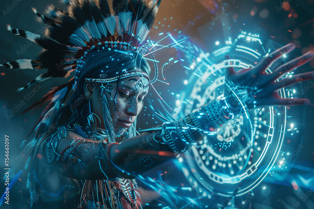 A captivating scene of a Native American cyber warrior in mid-dance their regalia emitting light ...