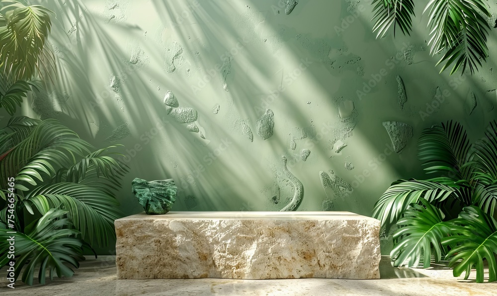 Poster Green Product background with stone plinth and Tropical Leaves ...