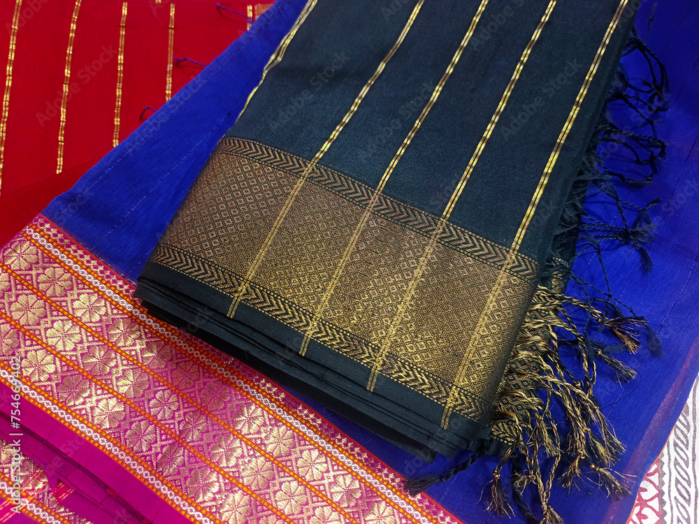 Handmade Indian sari, saree with golden details, woman wear on festival ...