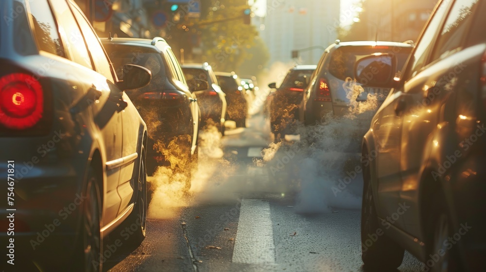 traffic jam, car tailpipe with smoke coming out and Polluting clouds of ...